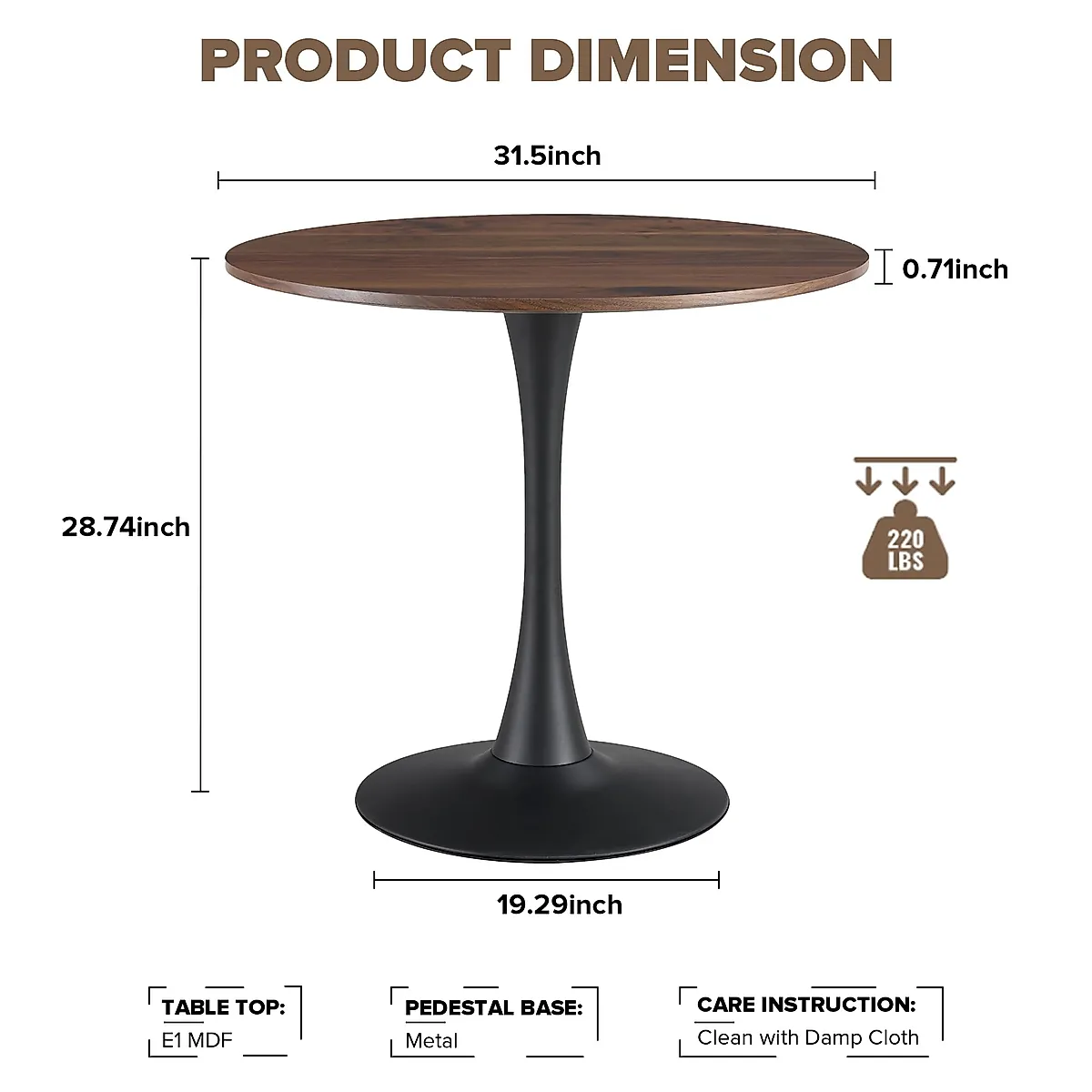 Ufurpie Round Dining Table for 2-4 People, 31.5" Kitchen Dining Table with Walnut Tabletop and Pedestal Base, Mid-Century Tulip Table for Small Space Home Office Living Room Kitchen Leisure, Walnut