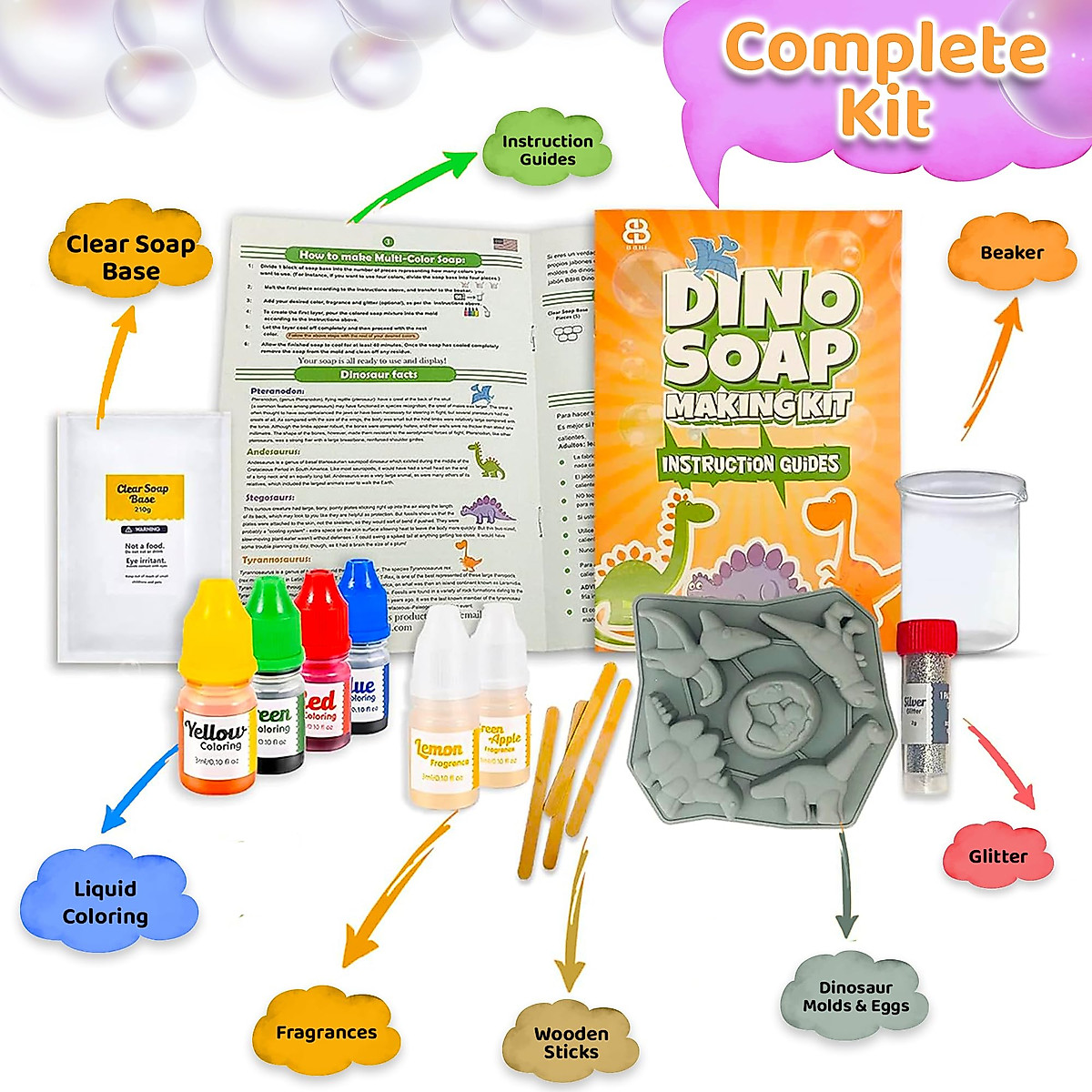 B8HI Soap Making Kit for Kids - Dino DIY Soap Making Kit for 6+ Ages - Melt & Pour Soap Kit with All Supplies - STEM Activity Craft Plus Reusable Mold