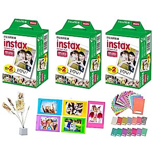 Fujifilm Instax Mini Instant Film, Twin Packs (3 Pack, Total 60,Sheets) 40 Sticker Film Frames + Photo Bouquet Holder