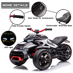 POSTACK 24V Kids Ride on Police Motorcycle, 3 Wheeler Ride On ATV for Boys Girls, Battery Powered Electric Vehicle for Toddlers with LED Lights, Music, Horn, Black