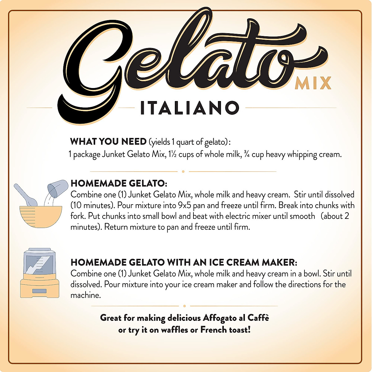 Junket Gelato Mix: Stracciatella (Vanilla Chocolate), Dark Chocolate, and Strawberry Cheesecake, Homemade Gelato Ice Cream Mix for Ice Cream Maker or Stir By Hand, Start to Finish in Minutes, 4 ounce box, Yields 1 quart Gelato (Variety Pack of 6)