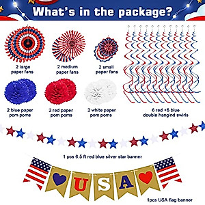 OEAGO 4th of July Decorations Decor Patriotic Memorial Day Decorations Red White Blue Paper Fans Love USA Banner Flower Balls Pom Poms Hanging Swirls Star Streamer Independence Flag Day Party for home