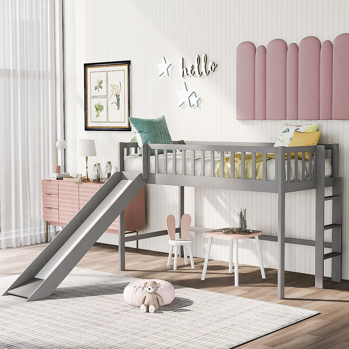 Harper & Bright Designs Twin Loft Bed with Slide, Solid Wood Low Loft Bed Frame for Kids Girls Boys (Twin Size, Gray)