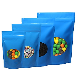 Double-Sided Matte/Glossy Color with Clear Round Window Stand-Up Pouch (100 Bags/Pack) (4" x 6.3", Glossy Blue)