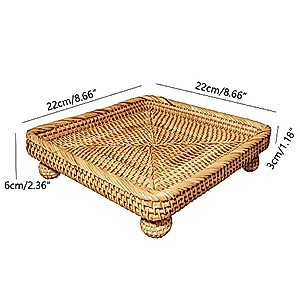 9 Inch Rattan Serving Basket, Square Woven Bowl with 1”Side and Pedestal Stand, Flat Wicker Decorative Snack Basket Trays for Bread, Fruit, Keys, Candy Dish, Rustic Platter, Display Riser, Exxacttorch
