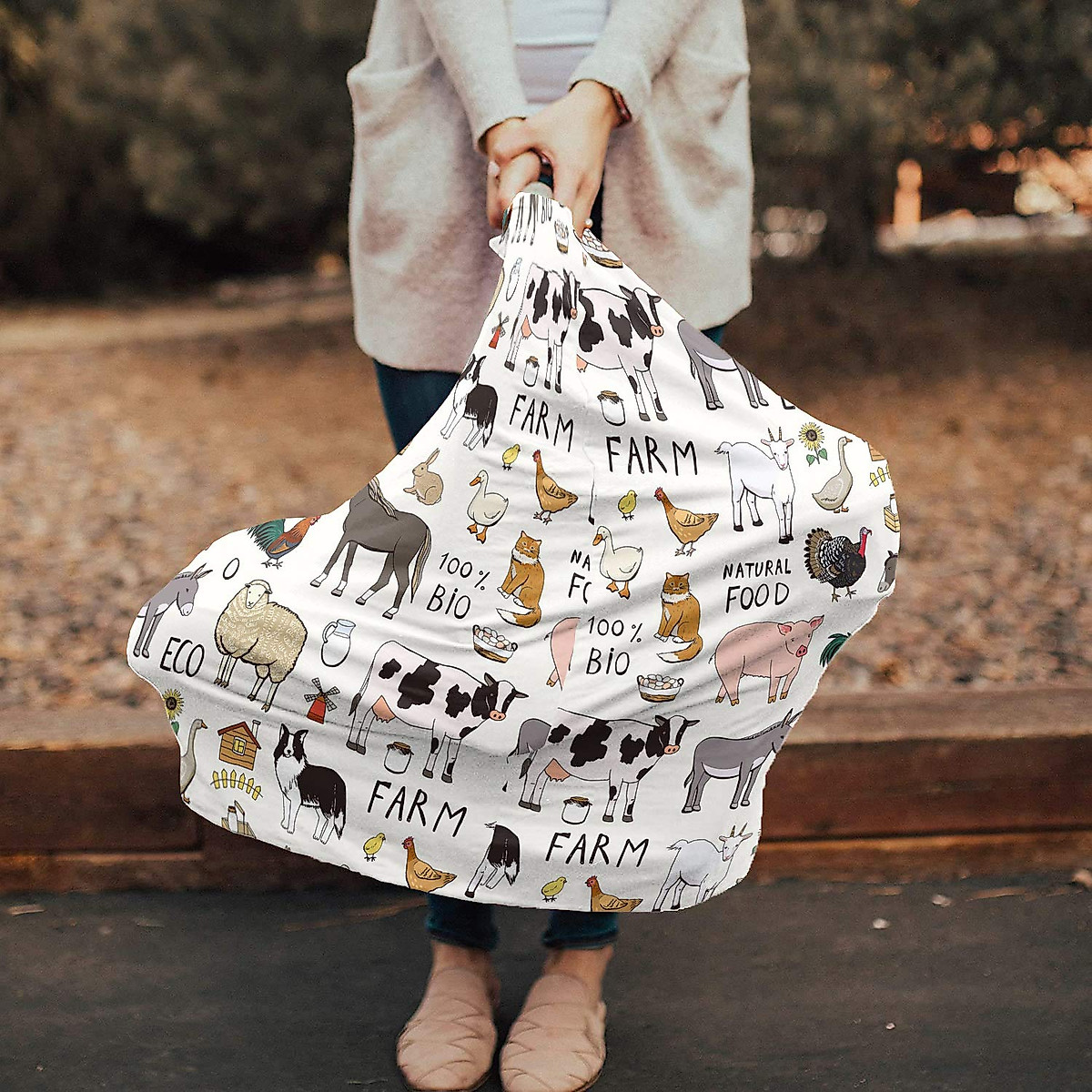 Framhouse Cartoon Animals Baby Nursing Cover for Breastfeeding, Breathable Stretchy Nursing Scarf Carseat Canopy for Boys or Girls Stroller Car Seat Covers Farm Animal