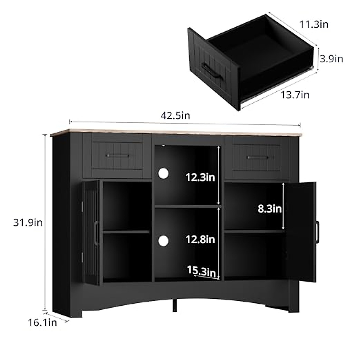 Cozy Castle Buffet Storage Cabinet with Doors and Adjustable Shelves, 42.5" Kitchen Buffet Table Sideboard, Accent Coffee Bar Cabinet for Kitchen, Living Room, Entryway, Dining Room, Black