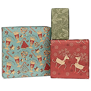K-Kraft Vintage Prints Christmas Kraft Wrapping Paper Sets - 112.5 Square feet per Set (Mistletoe-Reindeer-SodaShoppe)