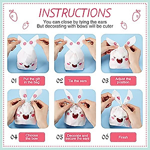 100 Pcs Cute Bunny Long Ear Candy Gift Bags Easter Goodie Bags Easter Bunny Gift Bag Plastic Easter Party Treat Bags with 100 Twist Tie Bow for Party Favors, Wedding Birthday Supplies
