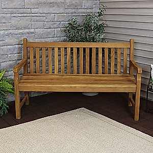 Sunnydaze Solid Teak Outdoor Bench - Light Brown Wood Stain Finish - Mission Style - 59 Inches Long - Patio, Deck, Lawn, Garden, Terrace or Backyard