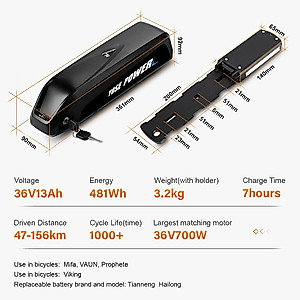 Yose Power Ebike Battery 36V 13Ah Down Tube Battery for 100W-700W Motor with Power Switch, Electric Bicycle Lithium-Ion Battery, Safe Lock, Led Indicator Light, with Base and Charger