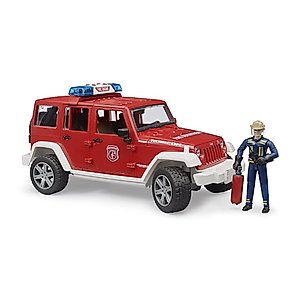 Bruder Jeep Rubicon Fire Rescue Vehicle with Electronic Emergency Siren Sounds and Fireman Figurine