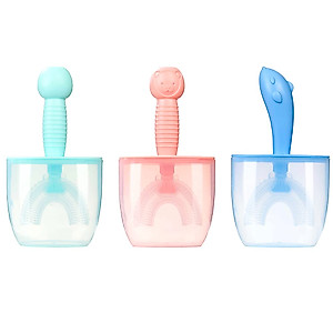 newrichbee 3 Pack U Shaped Toothbrush Kids,Food Grade Silicone Head, Kids Toothbrush for Age 2-6 Years Old(Pink&Blue&Green)