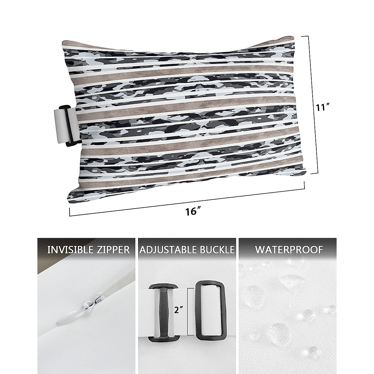 Chaise Lounge Head Resting Pillows, Gray Camouflage Gradient Mottled Retro Watercolor Outdoor Chaise Pillows, Waterproof Patio Furniture Pillows with Insert and Adjustable Stripe for Beach Chair