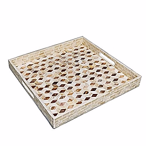 I-lan Square Serving Trays, Wooden Ottoman Tray with Cutout Handles, Decor Valet Tray, Chromatic Mother of Pearl Inlay Table Tray for Food, Catering, Catchall, Kitchen S-13.7"