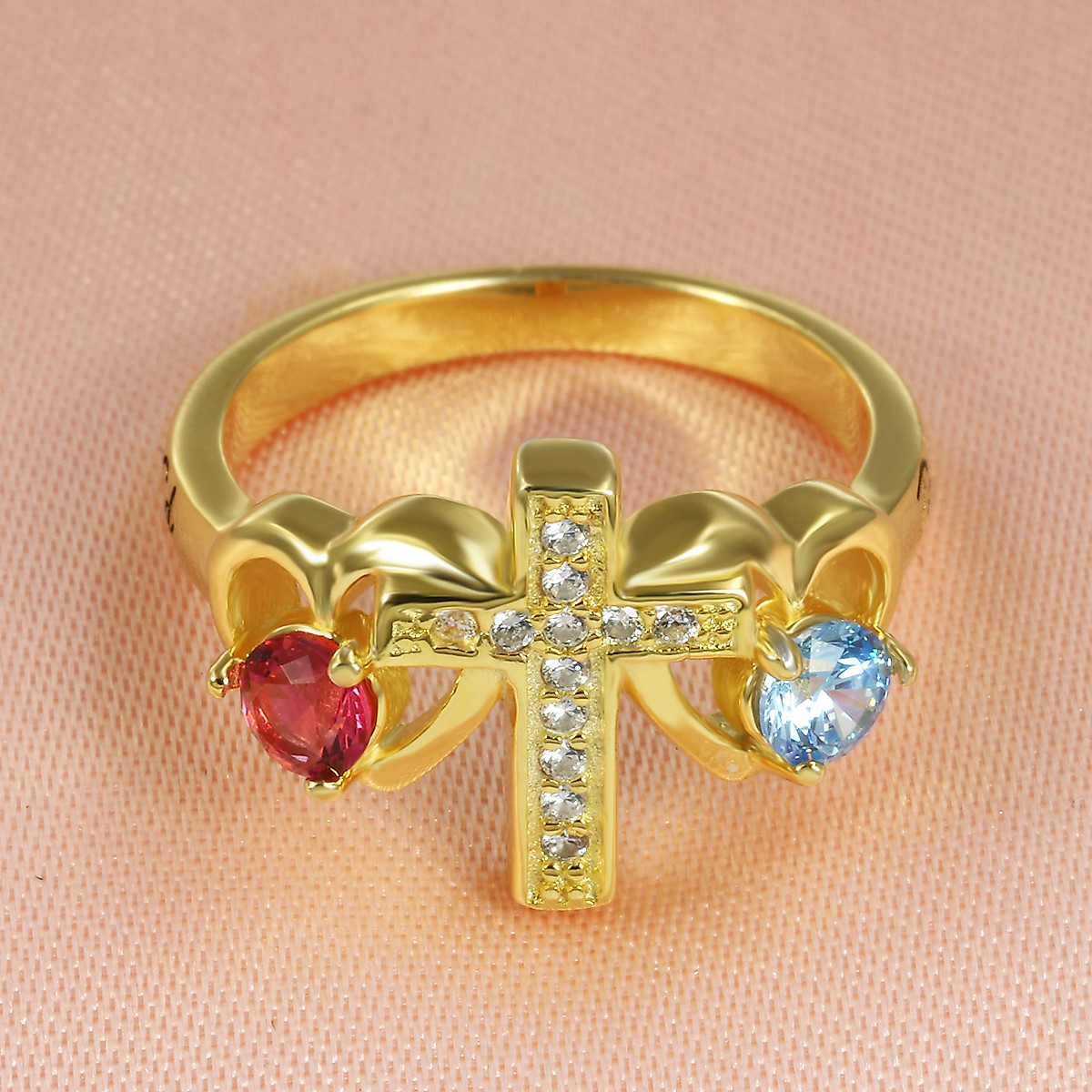 SHAREMORE Birthstone Rings for Women Personalized Cross Ring for Mom with 2 Birthstone Purity Mothers Cross Name Rings Promise Rings Name Rings Mothers Day Rings