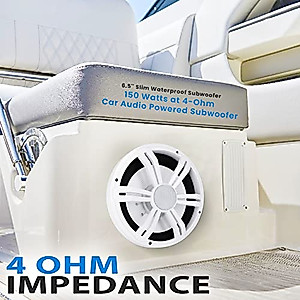 PyleUsa 6.5” Slim Marine Subwoofer -150W 4 Ohm Waterproof Car Component Speaker System,Low Profile PP Cone w/Rubber Edge, 20 Oz Magnet 1" Voice Coil, for Custom Audio Boat Truck Mobile Vehicle (White)