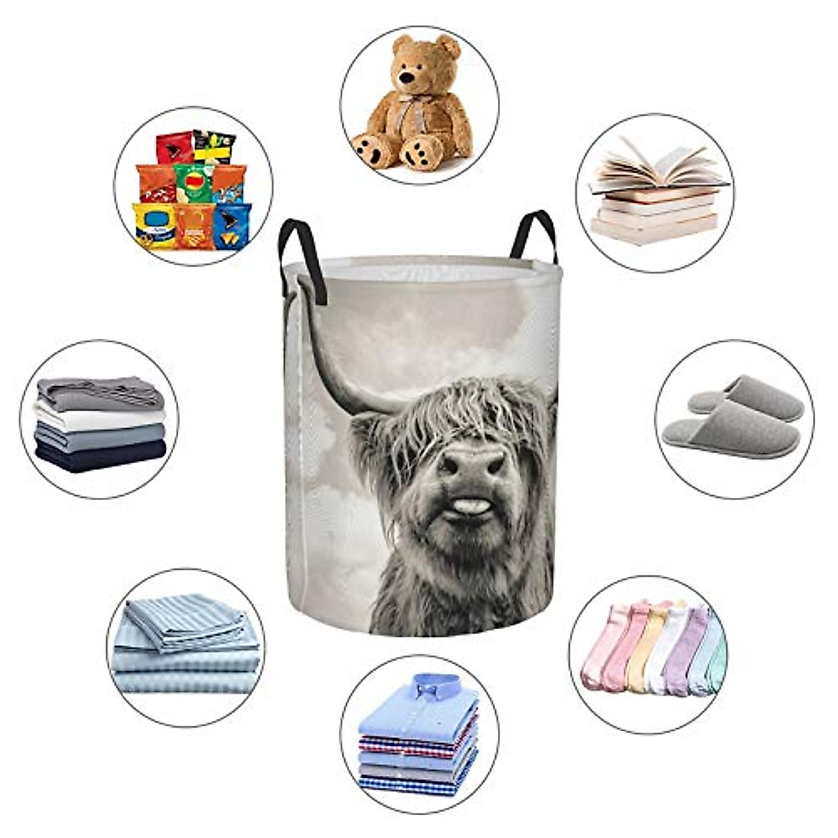 NYIVBE Portrait of Highland Cow Laundry Hamper with Handle,Collapsible Round Storage Bin for Bathroom Home Decor Baby Hamper Boxes Baby Clothing, Black, Medium