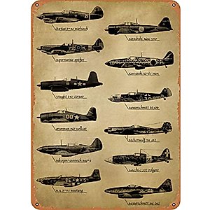 CharcasUS WWII Fighter Planes Metal Tin Sign Wall Decor Man Cave Military Fan Gift Home Bar Pub Decorative Military Posters 12x8 Inch