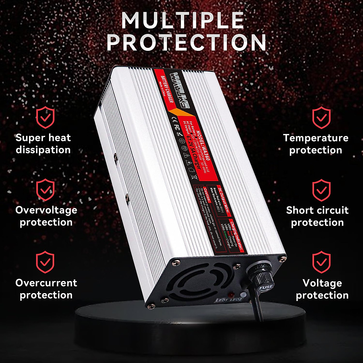 WAOUKS 67.2V 5A Charger 67.2V Lithium Battery Charger 60V Smart Charger Output GX16-3pin 1+ 3-/GX16-3pin 1+ 2- Connector Used for 16S 60V Li-ion Battery Pack