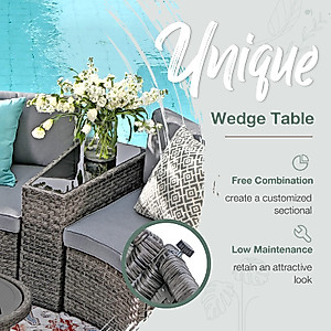 SUNSITT Outdoor Patio Furniture 11-Piece Half-Moon Sectional Round Patio Furniture Set Curved Outdoor Sofa with Aluminum Lift Top Round Coffee Table, Grey Rattan, Grey Cushions