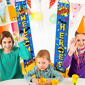 Hero Decorations Hero Backdrop Hero Porch Sign Banners Welcome Hanging Hero Decoration for Super Fun Hero Party Wall Decoration Door Action Door Sign (Blue Hero)