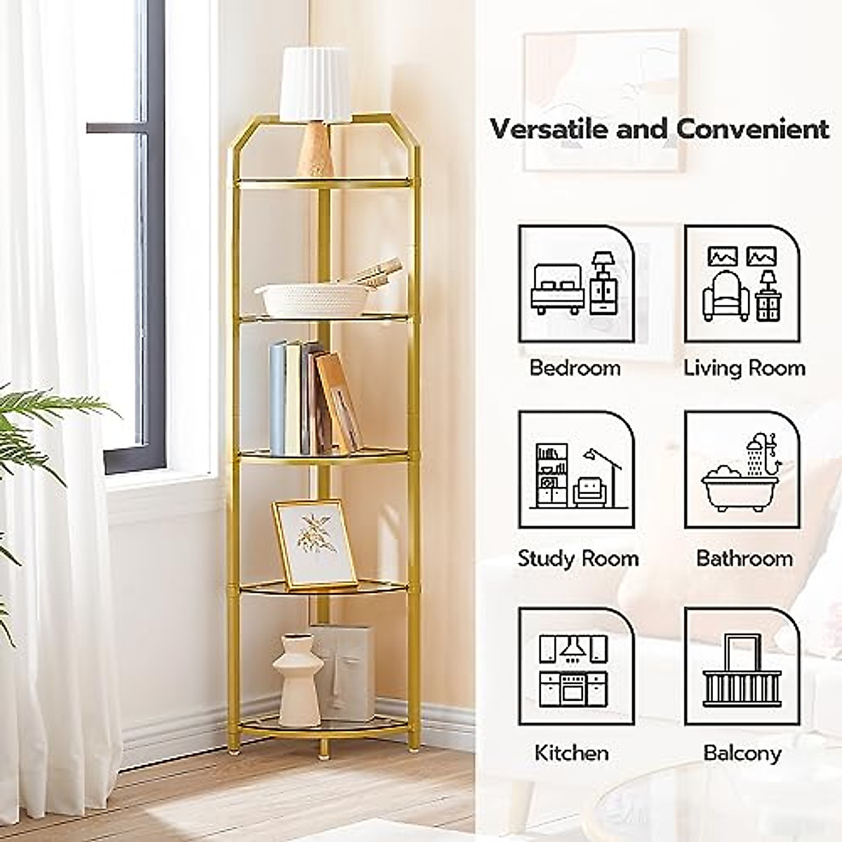 HOOBRO 5-Tier Corner Shelf Stand, Gold Corner Bookshelf, Tempered Glass Shelves, Corner Plant Stand, for Living Room, Bedroom, Study, Bathroom, Balcony, Modern Style, Gold GD14CJ01