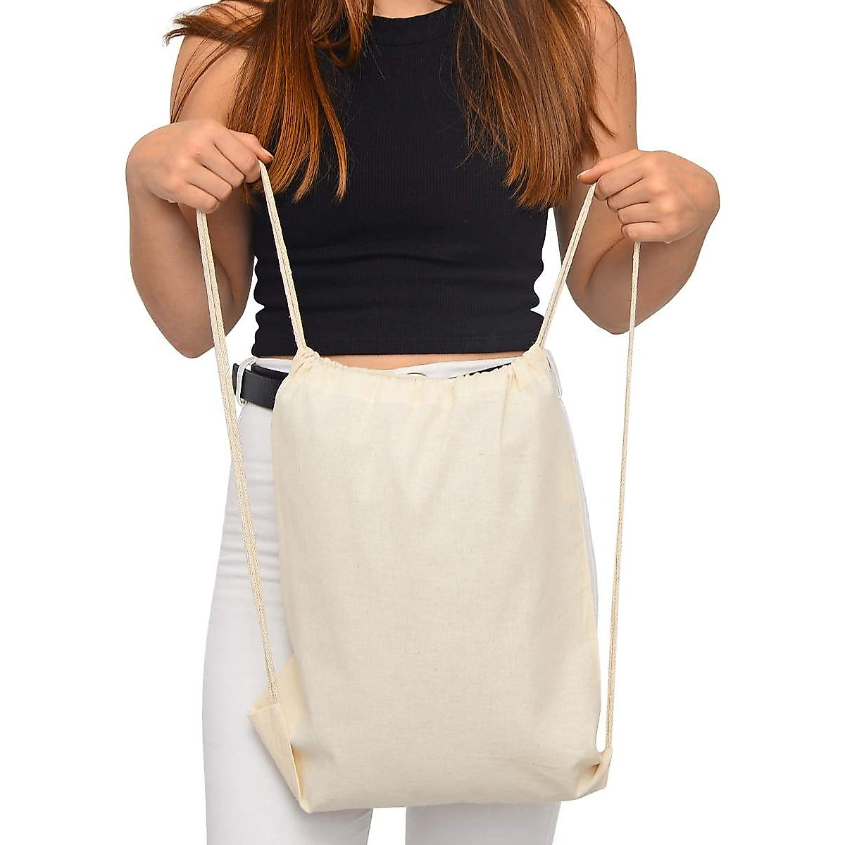 TBF (12 Pack) Set of 12 Durable Cotton Canvas Drawstring Backpack Bags 14" W x 16" H (Natural)