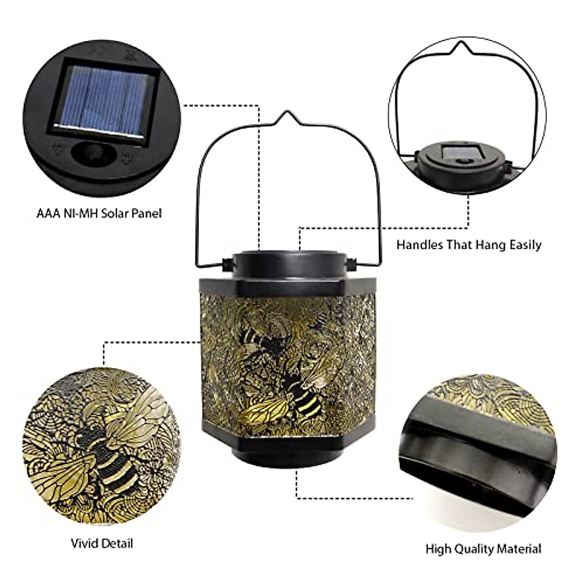 Solar Lanterns Lights Outdoor Hanging Lantern Garden Metal Waterproof LED Lantern Decor with bee Pattern Lights Solar Lamp Solar Lantern Table Lights for Desk Lawn Patio Pathway Landscape