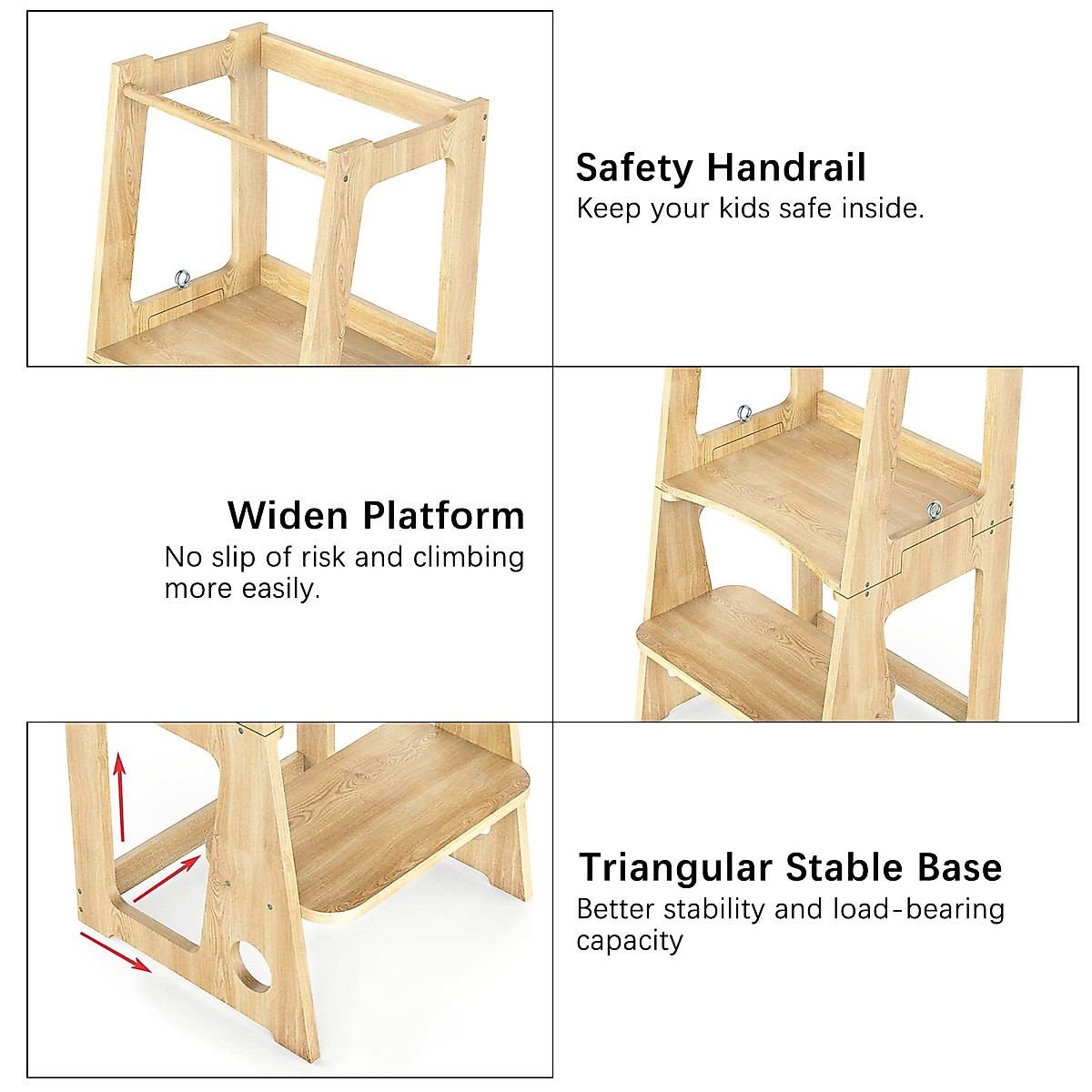 QLFJ-FurDec Kids Kitchen Step Stool with Safety Rail, 2 in 1 Convertible Wooden Toddler Learning Stool Helper Standing Tower for Kitchen Counter, Bathroom, Toilet(Natural)