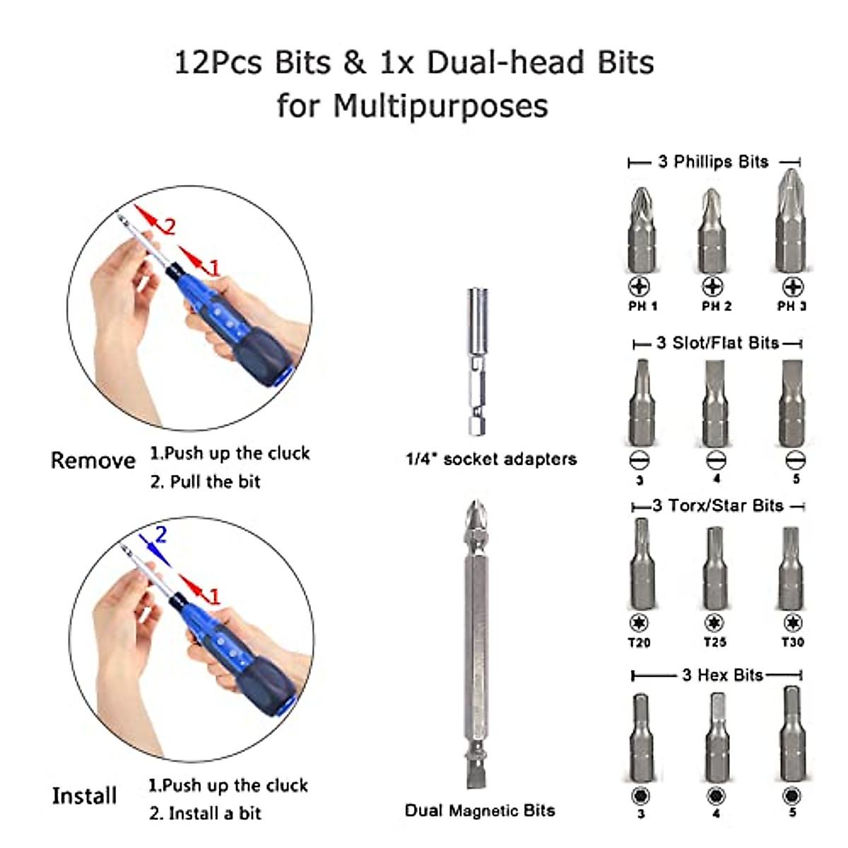 Terokota 3.6V Cordless Power Screwdriver, USB Rechargeable Electric Screwdriver with Philips, Flat, Hex, Star Bits, 1/4Socket Adapters, Magnetic Dual Heads Bit & LED Light