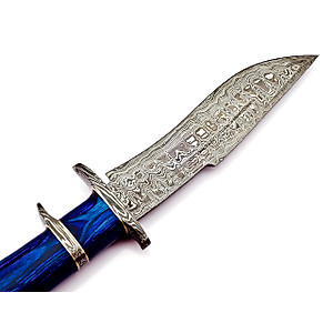 Skokie Knives Custom Damascus Steel Hunting Knife Blue Pakka Wood Handle-Handmade Premium Quality Edge Fixed Blade–Multipurpose–Ideal for Survival Camping Hiking Outdoor Every Day Carry Professional