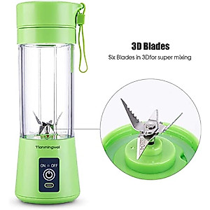 Tianmingwei Portable Blender Personal 6 Blades Juicer Cup Household Fruit Mixer with Magnetic Secure Switch USB Charger Cable 400ml (Green)