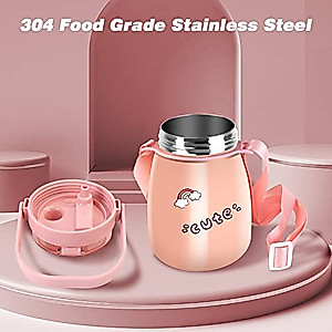 Stainless Steel Insulated Water Bottle,Big Belly Kawaii Leaf Proof 1000ml Cute Trave Cup with Straw,Shoulder Strap,Vacuum Thermos Jug with 2pcs Free Random Stickers for Kids,Adults Christmas Gifts.