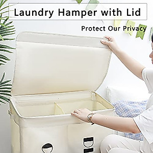 ParkNbuy 2 Section Laundry Hamper with Wheels and Lid,Large Laundry Basket on Wheels with Handle,Oxford Cloth Hamper on Wheels for Family Room Clothing Toys