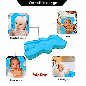 ReignDrop Baby Bath Sponge Mat for Tub – Safe Fun Sponge Bath Mat, Toys for Newborns – Toddler Bathing Cushion Insert with Inbuilt Drying Hanger – Bath Time Rest and Support for Sink (Small Bear)