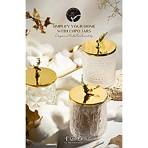 EMPO Bathroom Glass Storage Organizer Apothecary Jars with Gold lids for Cotton Swabs, Rounds, Balls, Makeup Sponges, Blenders, Bath Salts (Elk)