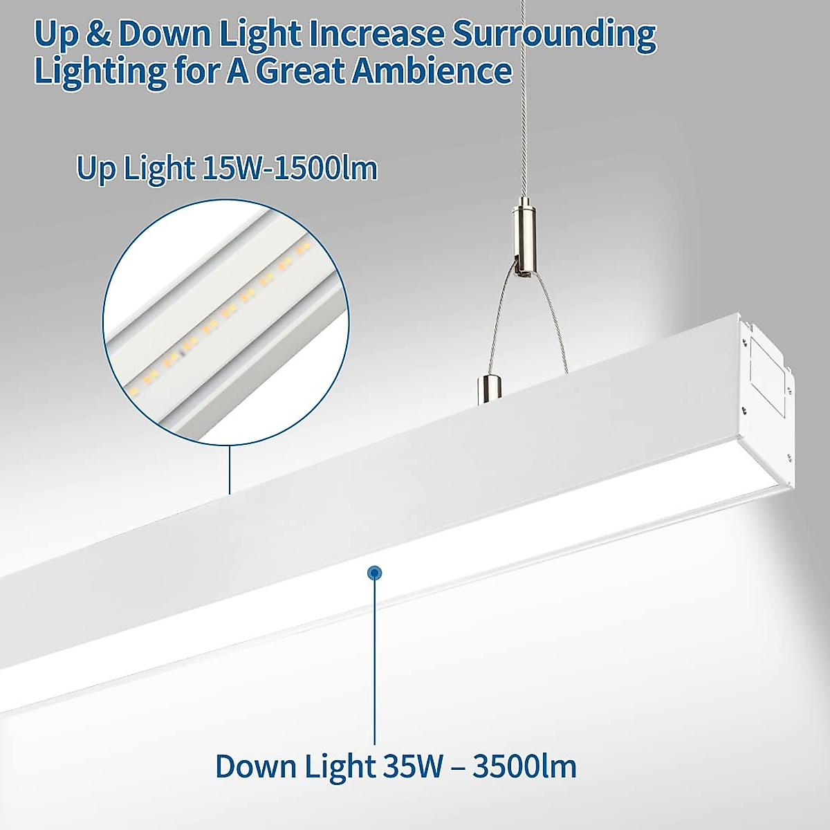 DAKASON 4FT Linkable LED Linear Light, 35W Down and15W Up Light, 3/4/5000K CCT Selectable, Commercial Linear Lighting Fixture for Office, Dimmable Suspended Lighting for School 1Pack White