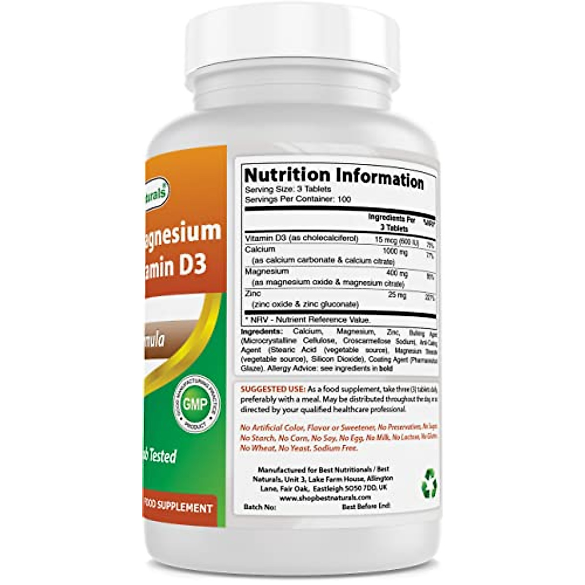 Best Naturals Calcium Magnesium Zinc with Vitamin D3, 300 Tablets - Calcium 1000 mg, Magnesium 400 mg, Zinc 25 mg & D3 600 IU per Serving (3 Tablets)