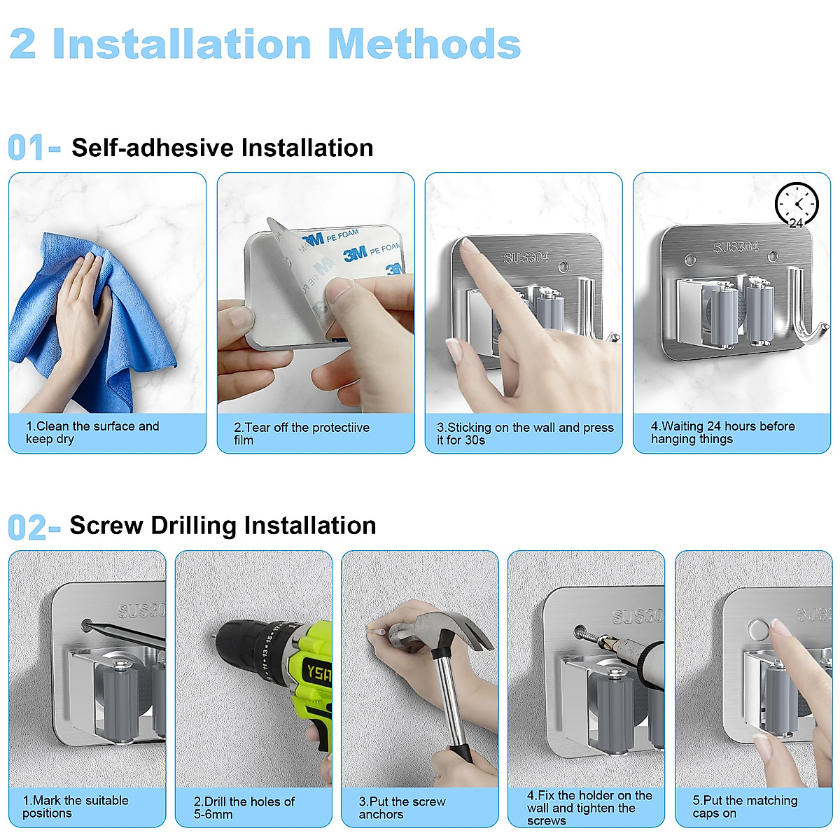 XCIXCI 4 Pack Stainless Steel Mop and Broom Gripper with Hook, Screw Drilling or Self Adhesive Mop and Broom Holder Wall Mount, Storage Rack for Closet Laundry Garage Garden Tool Organizer, Silver…