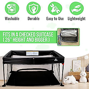 Sleepah Foldable Travel Crib – Lightweight Portable Play Pen + Backpack, Play-Yard with Waterproof Mattress – Easy to Pack Fits in a Suitcase, Sets up in 30 Seconds Safe for Infants & Toddlers (Black)