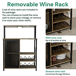 SunsGrove Wine Bar Cabinet with Removable Wine Rack, Coffee Bar Cabinet with Glass Holder, 3 Adjustable Open Shelves, Small Sideboard and Buffet Cabinet with Mesh Door, Wood Color