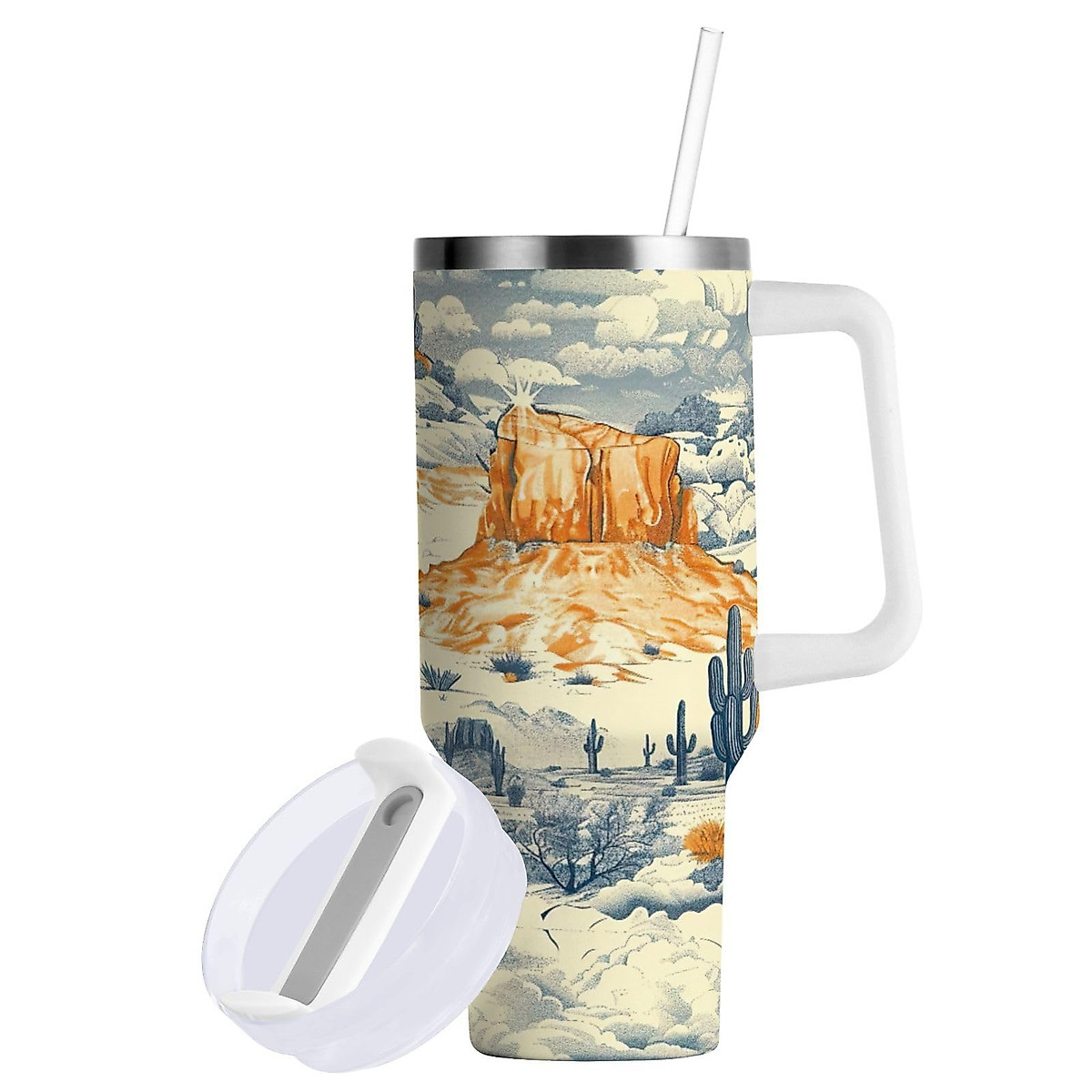 Jihqo Western Desert 40 oz Stainless Steel Vacuum Insulated Tumbler with Handle and Straw Lid, Leakproof Water Bottle Double Wall Travel Mug Coffee Cup, Cupholder Friendly