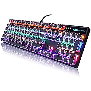 Camiysn Typewriter Style Mechanical Gaming Keyboard, Black Retro Punk Gaming Keyboard with RGB Backlit, 104 Keys Blue Switch Wired Cute Keyboard, Round Keycaps for Windows/Mac/PC