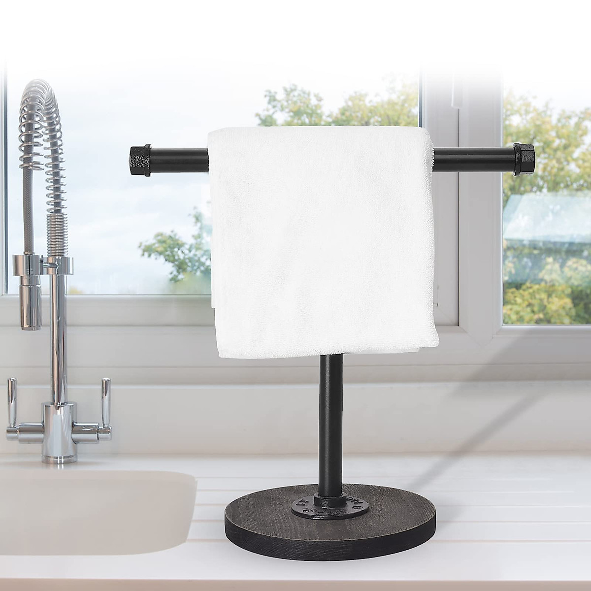 Bathroom Hand Towel Holder Stand T-Shape Industrial Pipe Hand Towel Rack Stand with Heavy Duty Soild Wood Base for Bathroom, Kitchen or Vanity Countertop