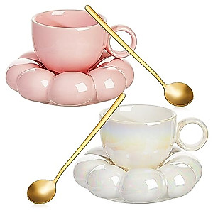 2 Pieces Ceramic Cloud Mug Cute Cup with Sunflower Coaster 7oz Cute Ceramic Coffee Mug with Saucer Set for Office Home Coffee Tea Latte Milk, Pink and Pearl White