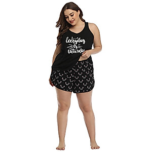 HDE Women's Plus Size Pajama Set Tank Top and Shorts Sleepwear PJ Sets (Caturday, 2X)