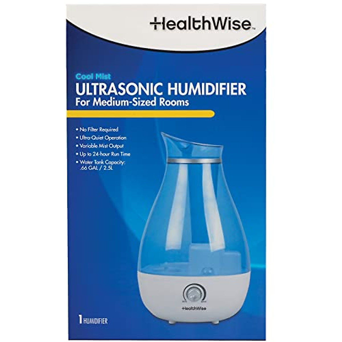 HealthWise Cool Mist Ultrasonic Humidifier | For Medium Size Rooms | No Filter Required | 24 Hour Run Time, Blue, 2.6L