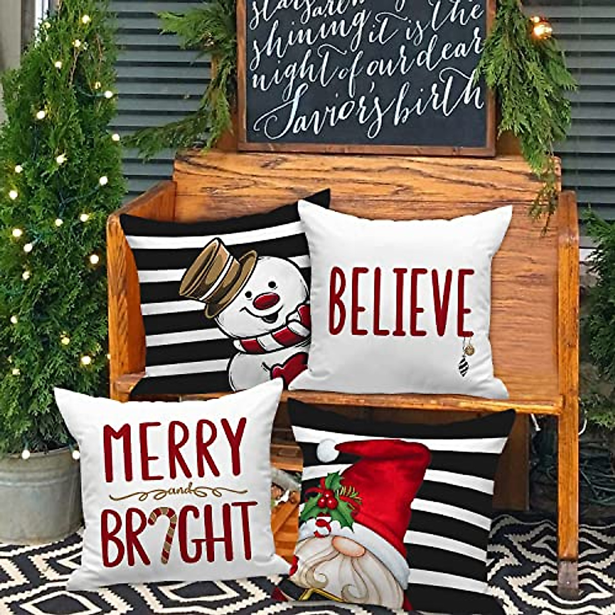 Lanpn Winter Merry Christmas Throw Pillow Covers 18x18 Set of 4, Decorative Red and Black Snowman Gnome 18 inch Holiday Cushion Cases Home Outside Porch Decor Decoration