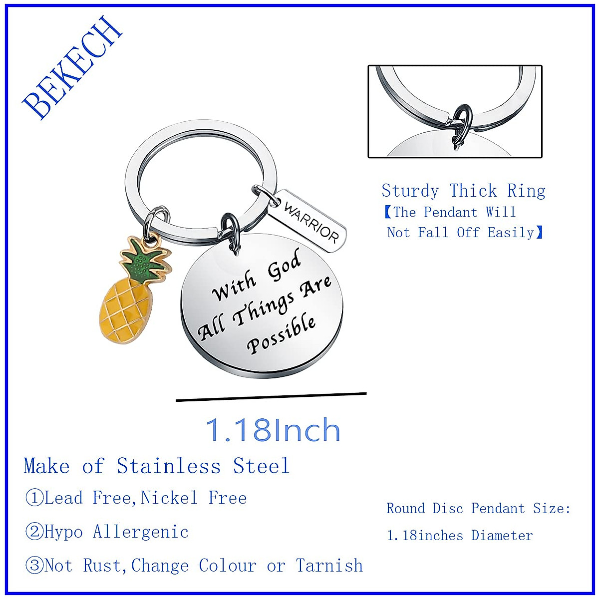 BEKECH IVF Support Gift IVF Infertility Pineapple Lucky Charm Keychain With God All Things Are Possible IVF IUI Gift for Infertility Warrior Infertility Mom (silver)